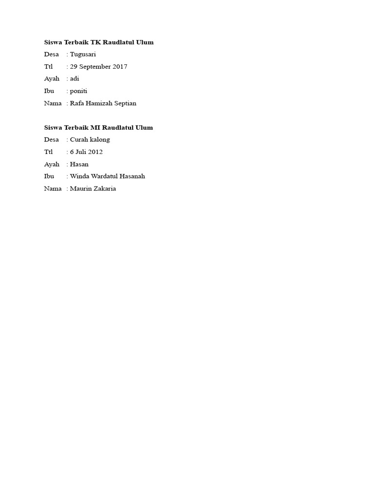 Siswa Terbaik TK Raudlatul Ulum | PDF