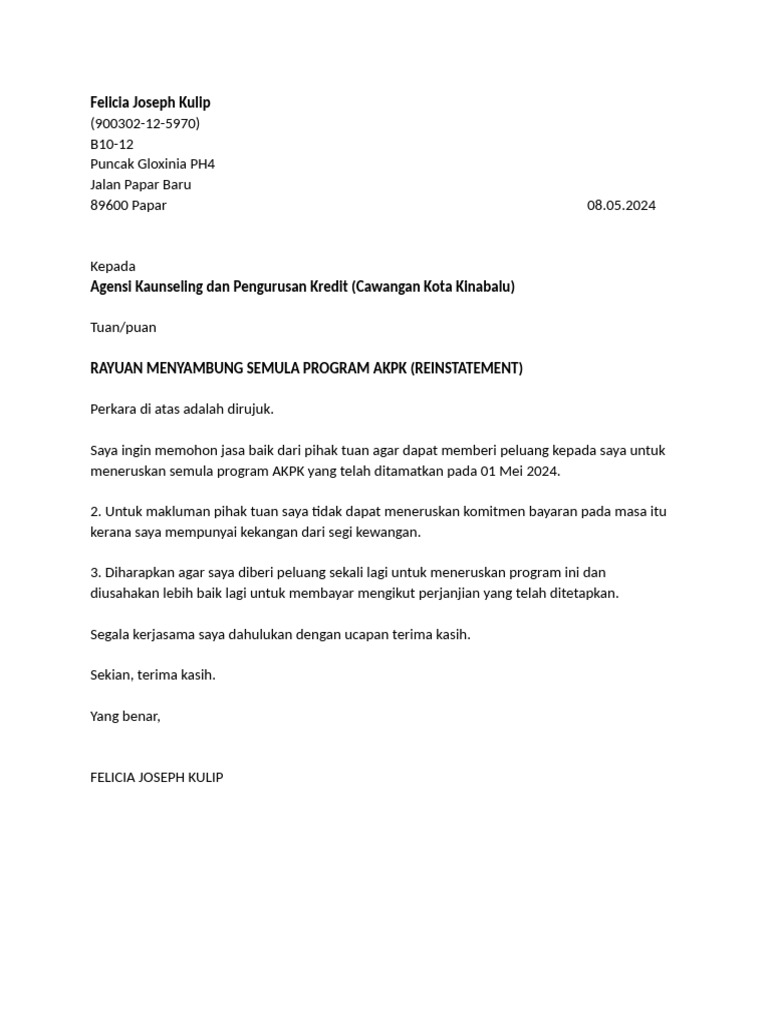 Surat Rayuan Akpk | PDF