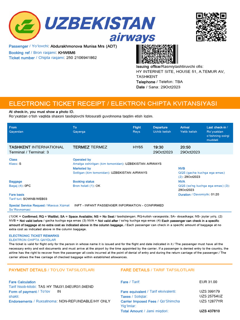 Electronic Ticket Receipt for Flight HY65 | PDF | Transport