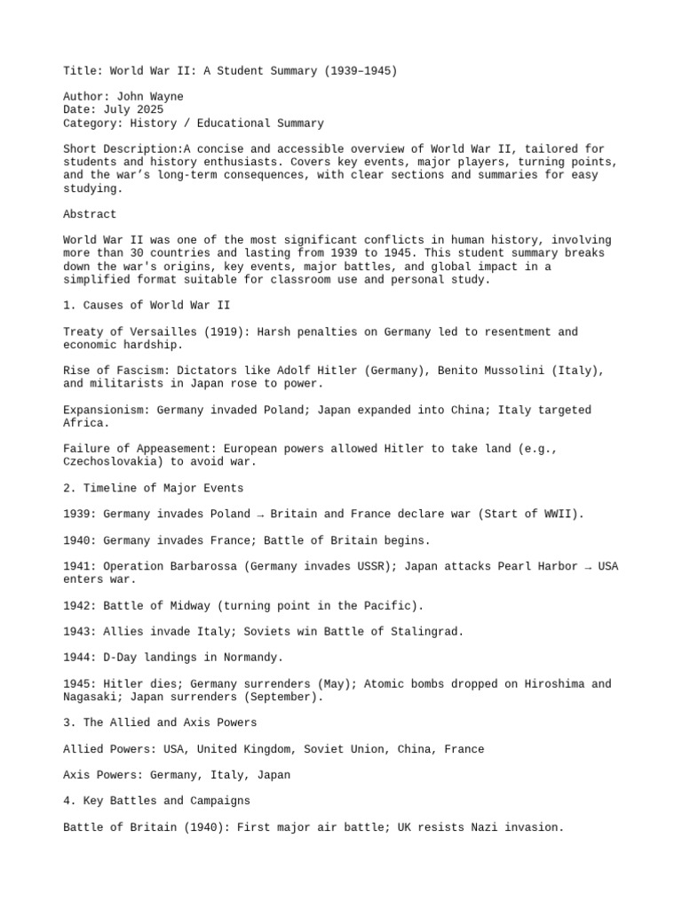 WWII Summary for Students (1939-1945) | PDF | World War II | Allies Of ...