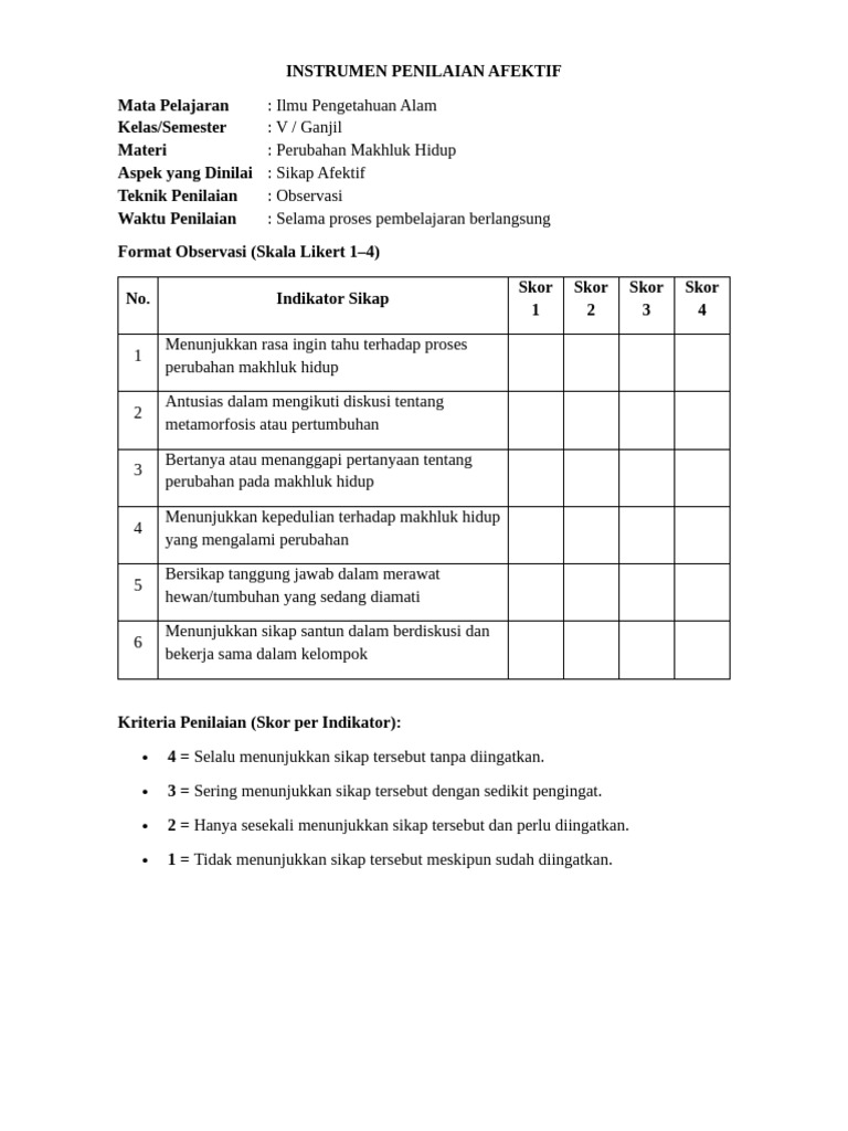Instrumen Penilaian Afektif | PDF