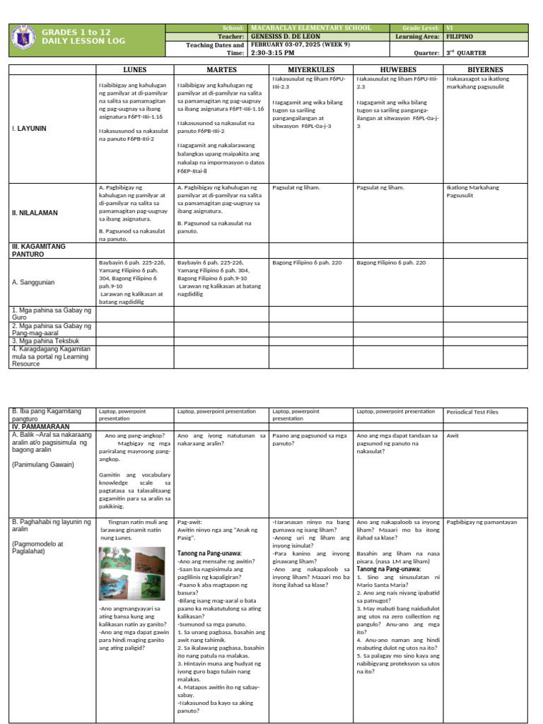 DLL Filipino 6 q3 w9 | PDF