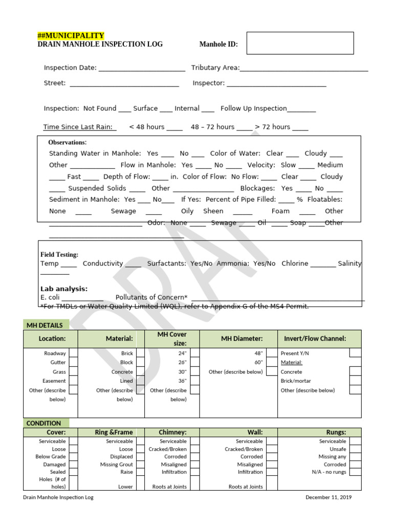 Drain Manhole Inspection Log Template | PDF | Environmental Engineering ...