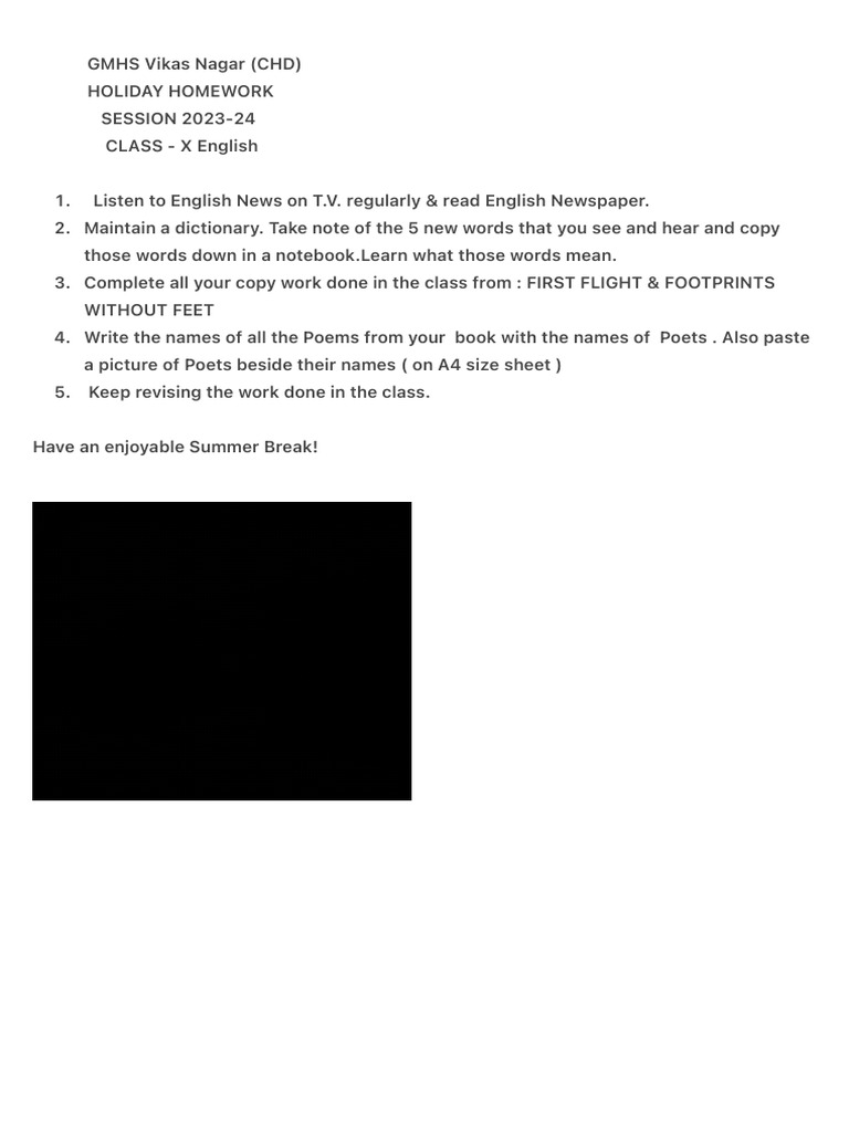 Holiday Homework 10th English | PDF