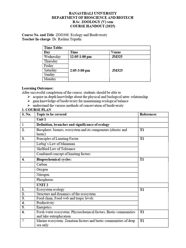 Ecology and Biodiversity Course Guide | PDF | Ecosystem | Conservation ...