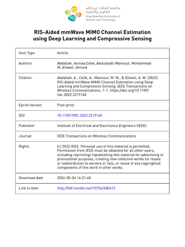 RIS-Aided MmWave MIMO Channel Estimation Using Deep Learning and Compressive Sensing | PDF ...