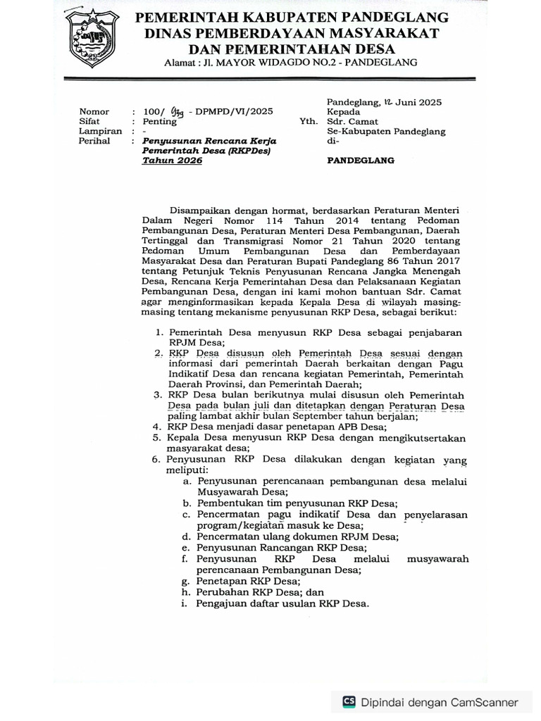 Surat Edaran Penyusunan RKPDesa Tahun 2026 | PDF