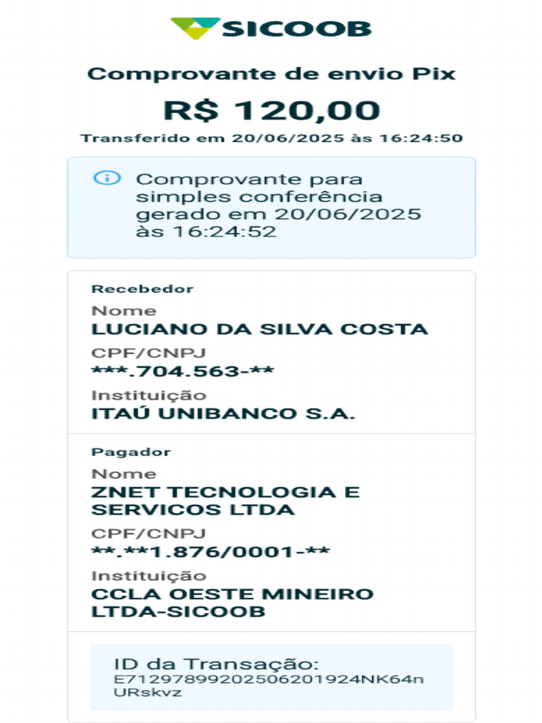 Sicoob Comprovante (20-06-2025 - 16-24-54) | PDF