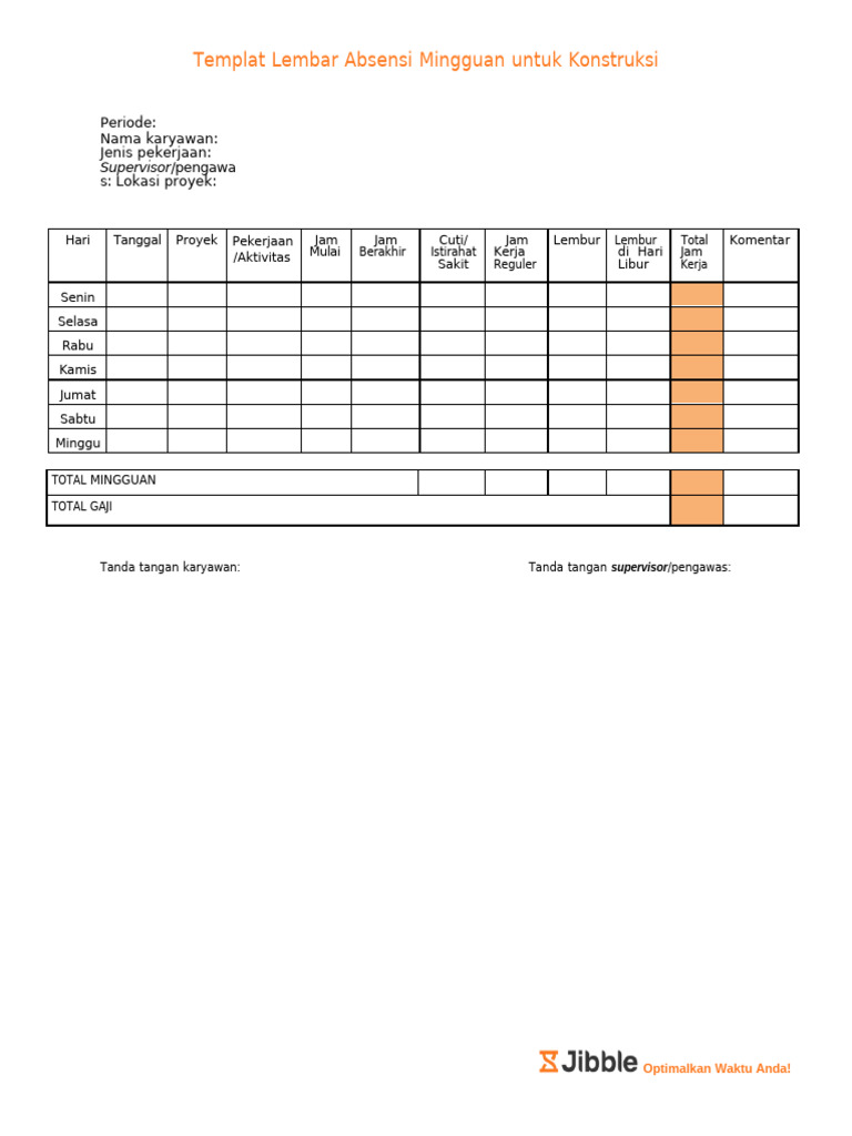 Templat Lembar Absensi Mingguan Untuk Konstruksi | PDF