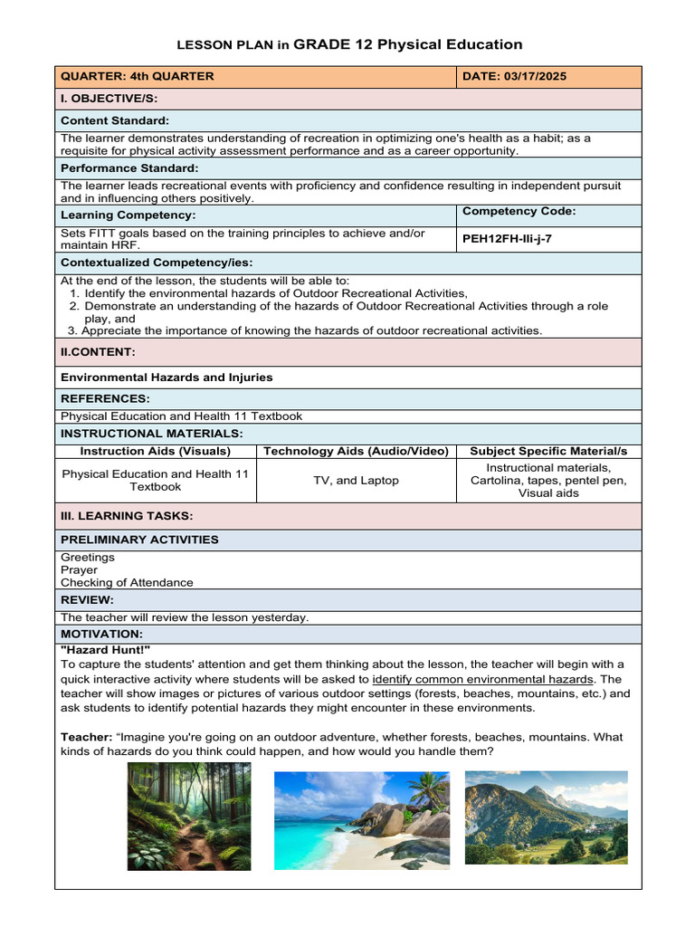 LESSON PLAN in GRADE 12 Physical Education | PDF | Hazards | First Aid