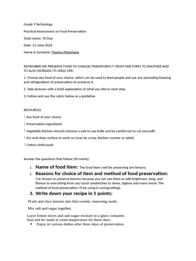 Grade 9 Food Preservation Project | PDF