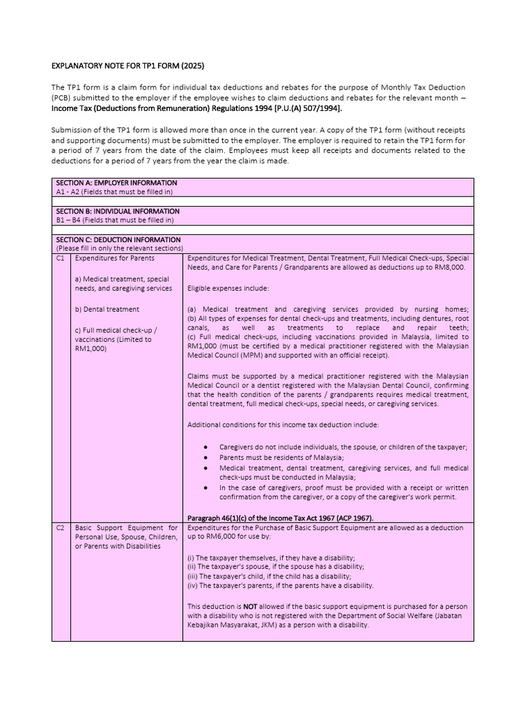 Nota Penerangan Borang Tp1 2025 en | PDF | Life Insurance | Tax Deduction