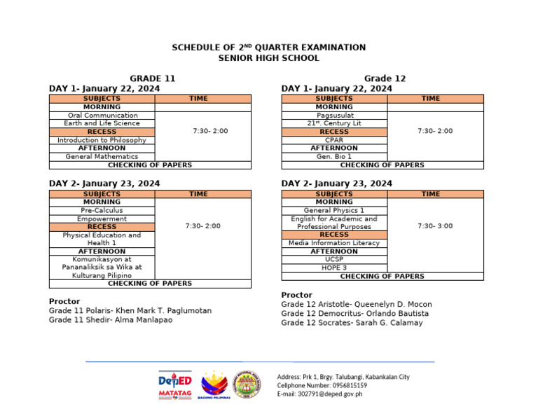 Grade 11 2nd Quarter Exam Schedule | PDF | Science
