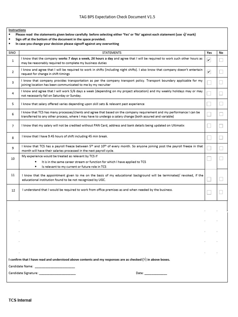 Expectation Checklist TCS | PDF