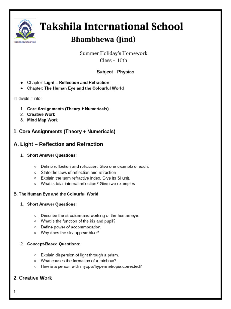 Class - 10 Holiday Homework | PDF | Refraction | Reflection (Physics)