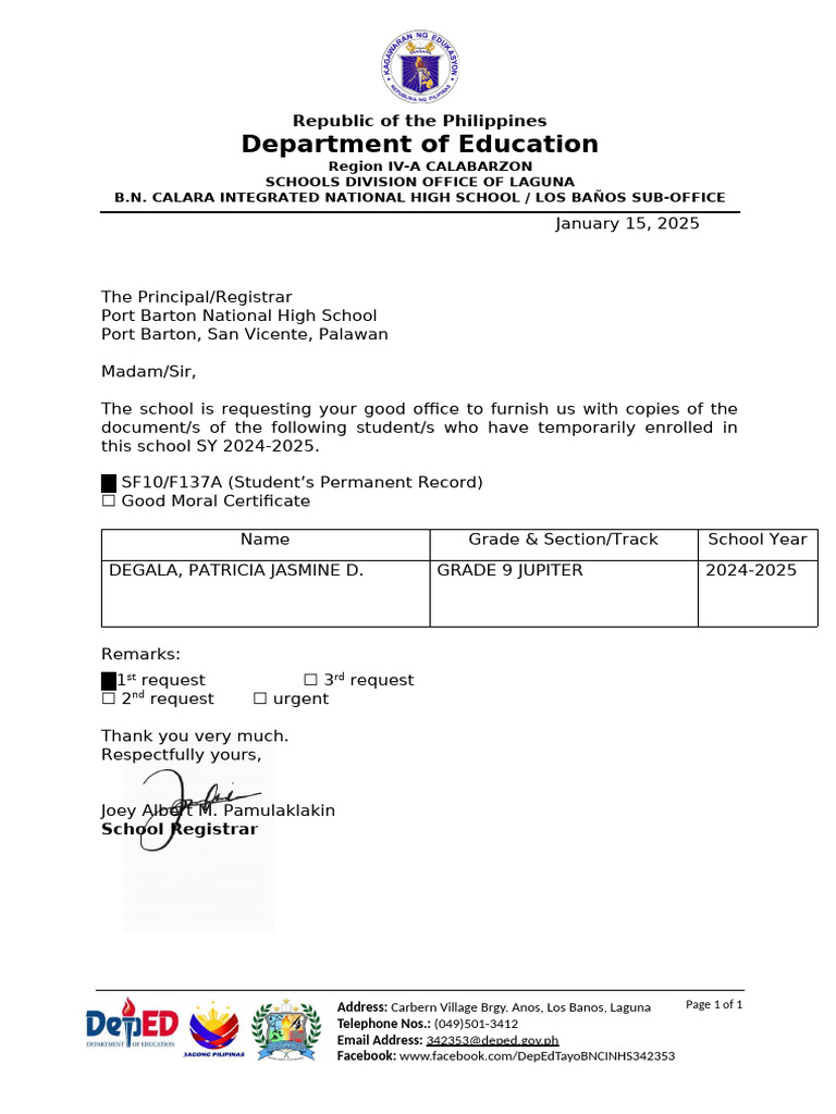 Revised Header and Footer Sf10 Request Letter | PDF