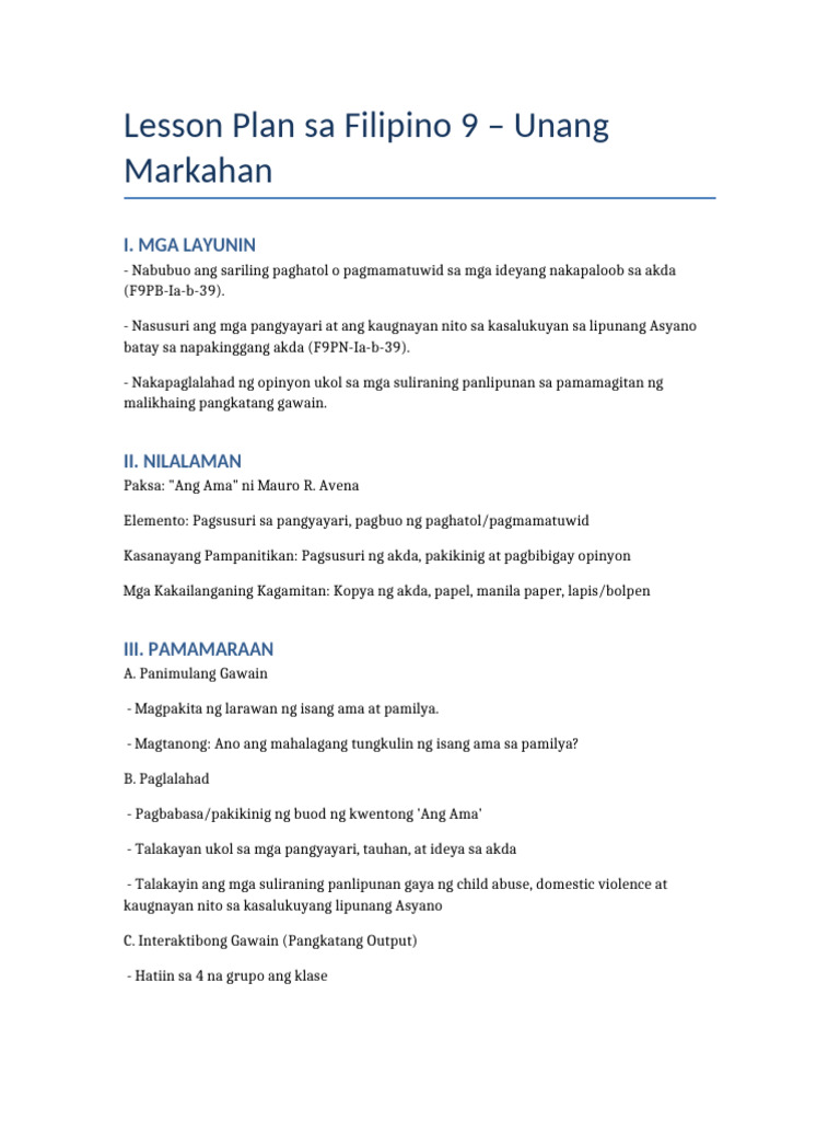 Lesson Plan Filipino 9 Ang Ama MELC | PDF