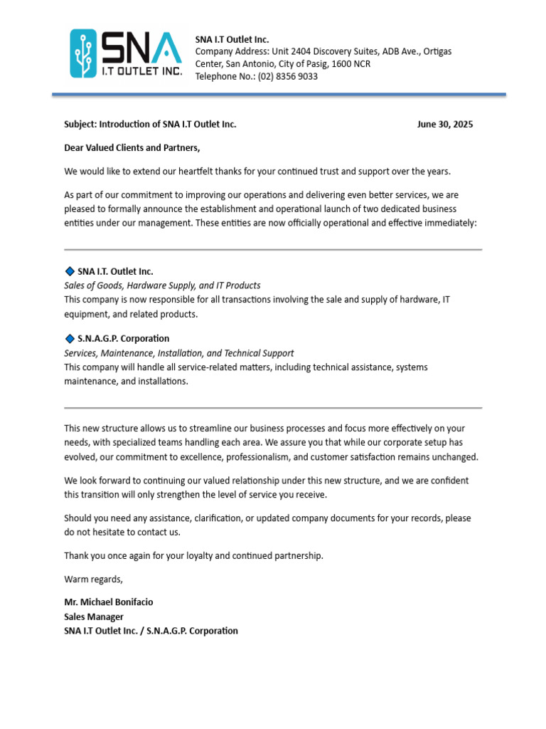 Introducing Our New Venture SNA I.T Outlet Inc. (SNAGP Corporation) | PDF