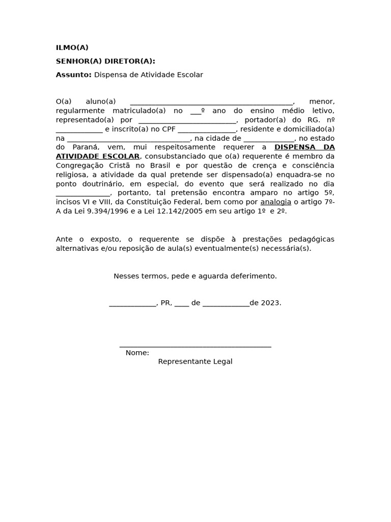 Declaração Dispensa Atividade Escolar Pdf
