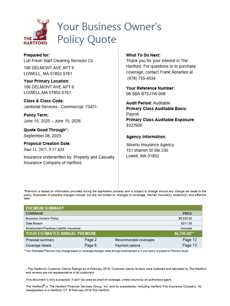 Hartford Business Owners Policy Quote | PDF | Liability Insurance ...