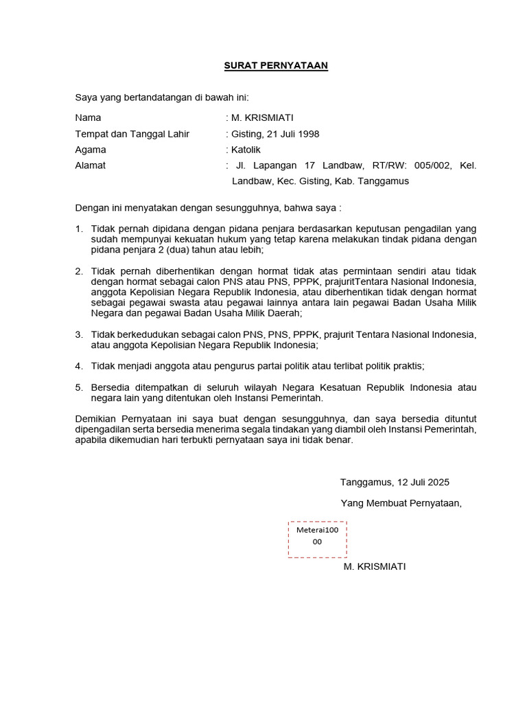 Surat Pernyataan Sr-1 | PDF