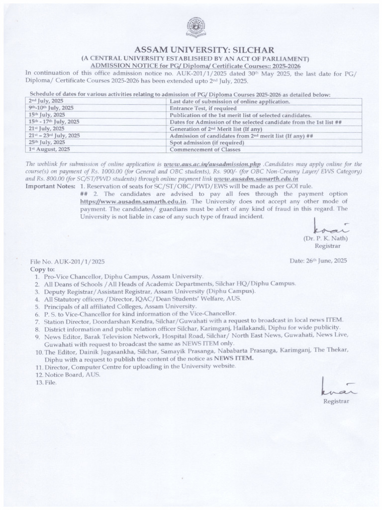 PG Diploma Certificate Courses Date Extended Admission Notice | PDF