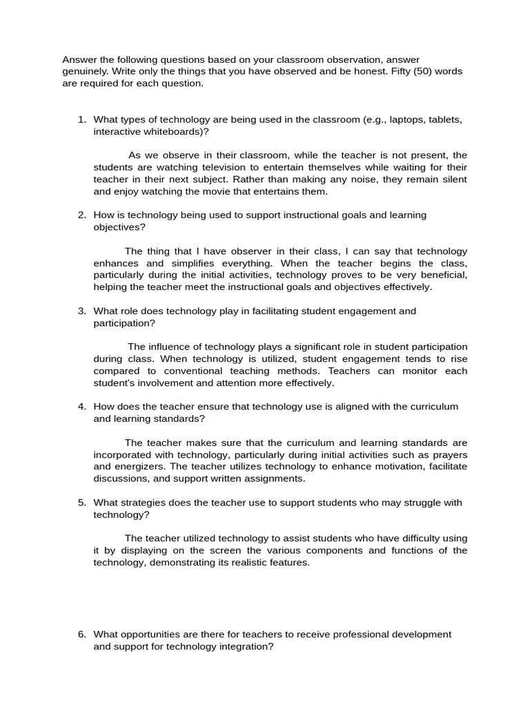 EDUC 15 Observation Questions | PDF | Teachers | Learning