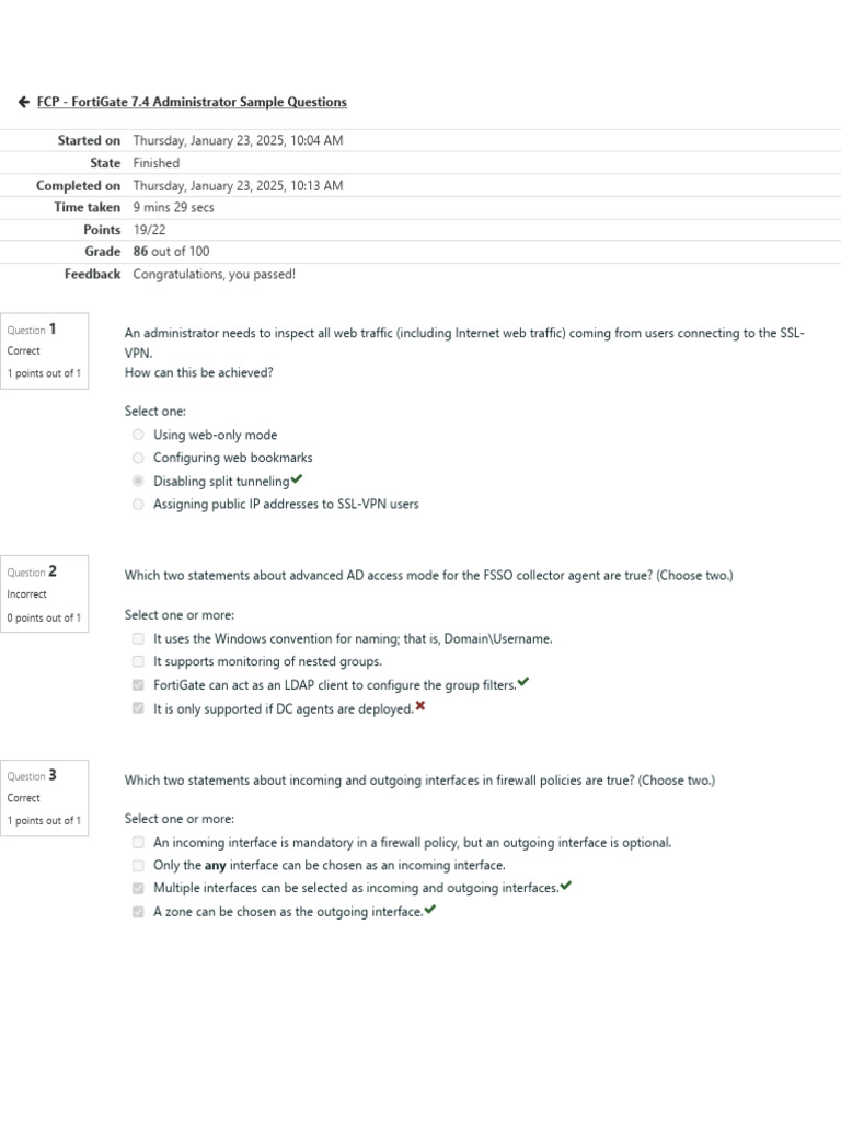 FortiGate 7.4 Administrator Sample Questions - Attempt Review | PDF ...