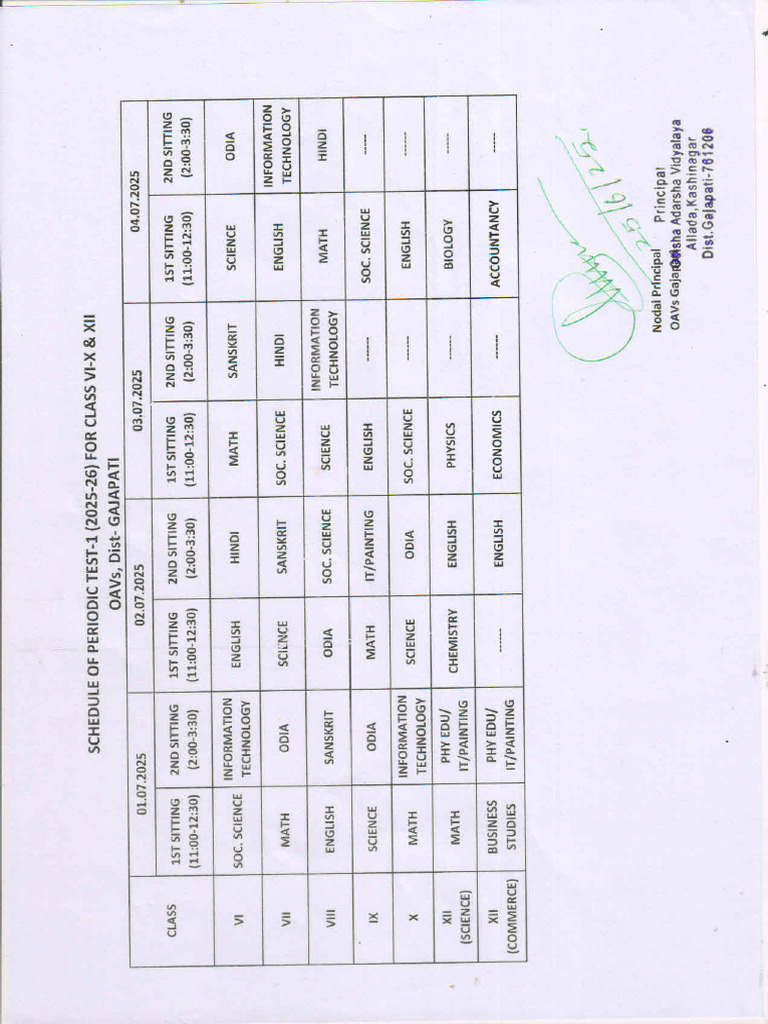 PT-1 (2025-26) Timetable | PDF