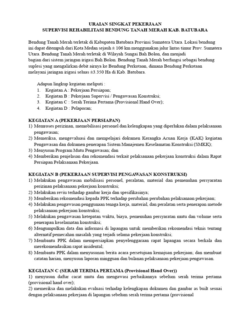 Perbaikan Uraian Singkat Pekerjaan Supervisi Rehabilitasi Bendung Tanah ...