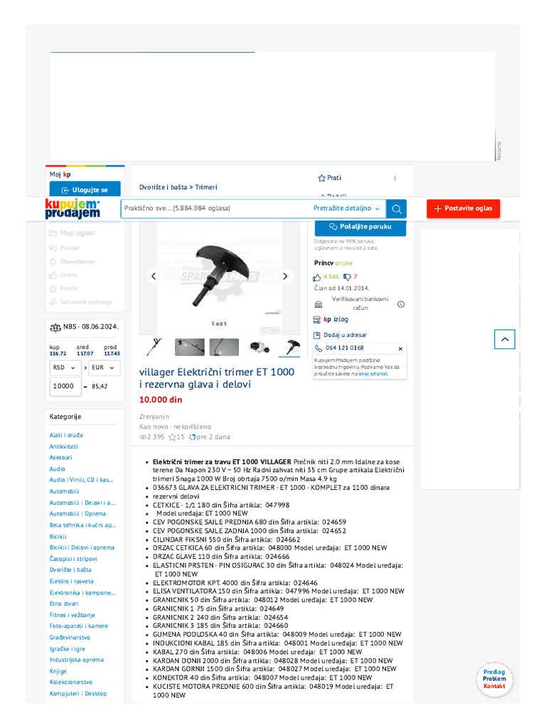 Villager Električni Trimer ET 1000 I Rezervna Glava I Delovi - KupujemProdajem | PDF