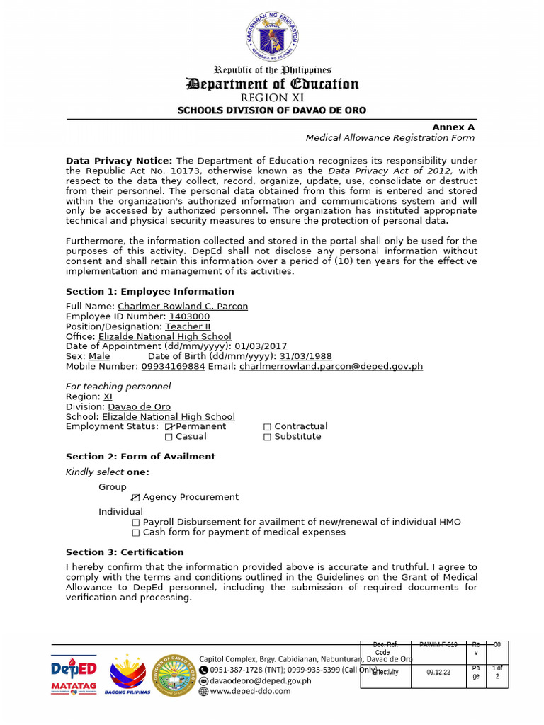 Medical Allowance Registration Form Blank | PDF