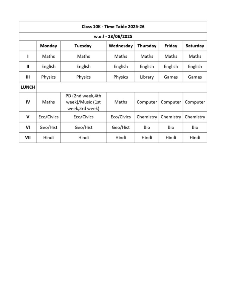 Class 10K Time Table 2025-26 | PDF