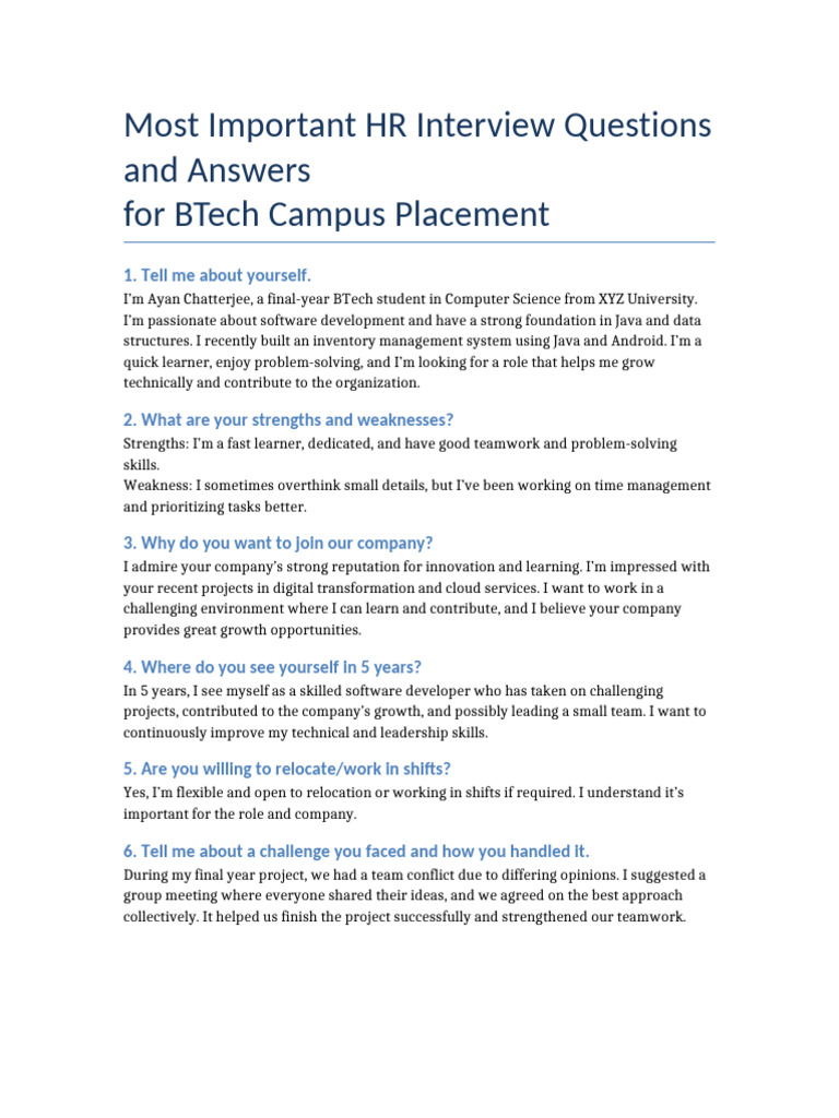 HR Interview Questions BTech Placement | PDF | Computing