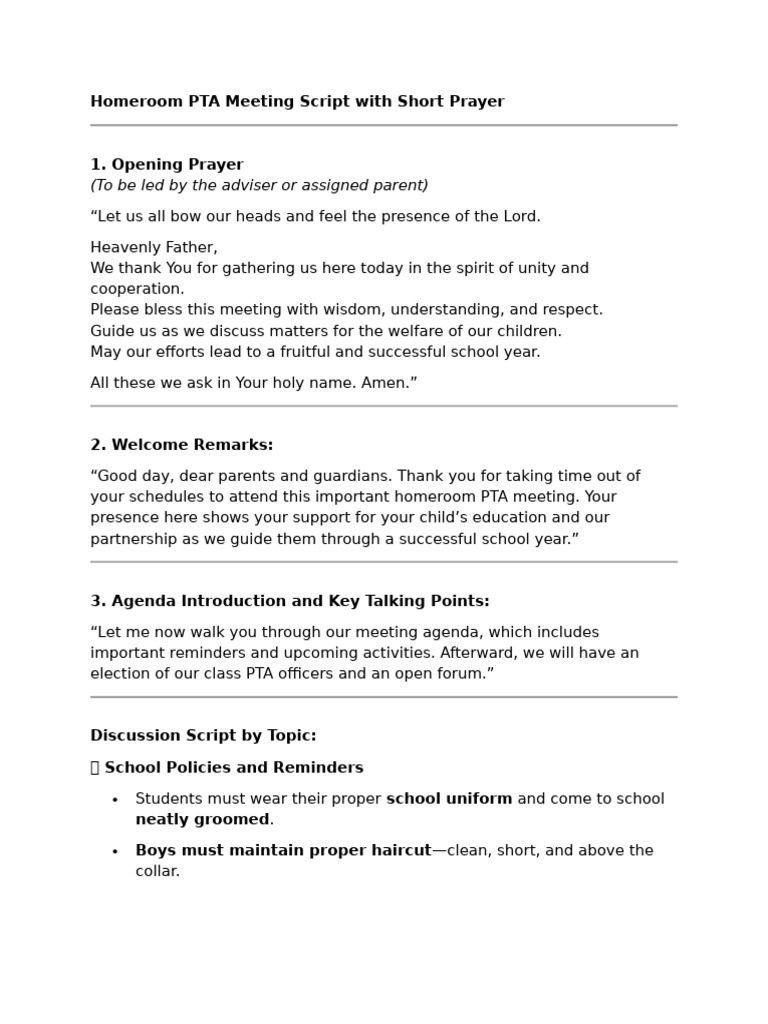 Homeroom PTA Meeting Script With Short Prayer | PDF