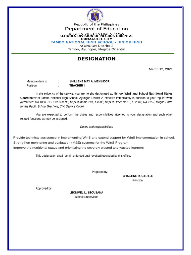 School Coordinator Designations at Tambo High | PDF | Teachers | Curriculum