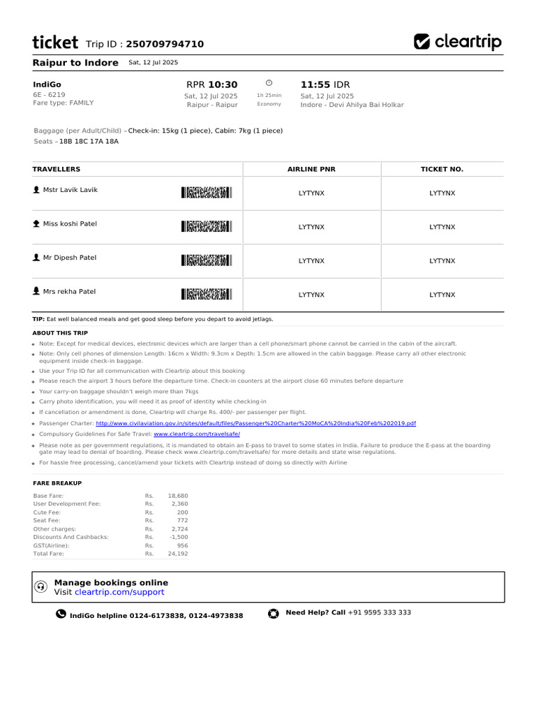 Cleartrip Flight E-Ticket | PDF | Aviation | Transport