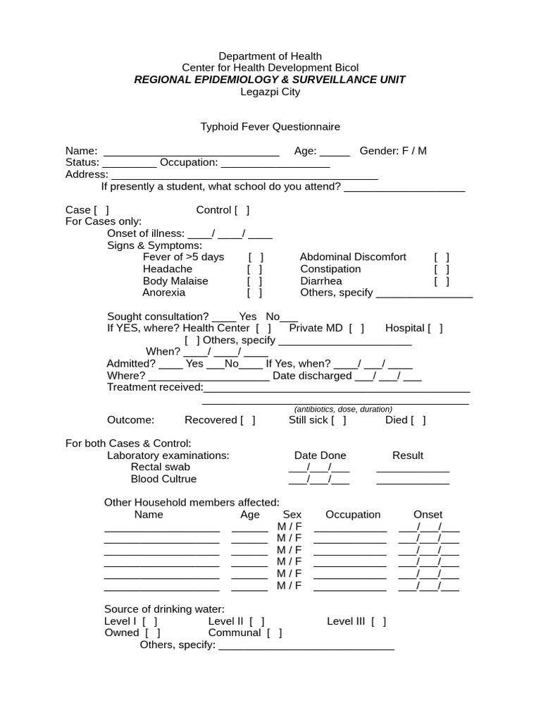 Typhoid Fever Case Questionnaire | PDF | Municipal Solid Waste ...