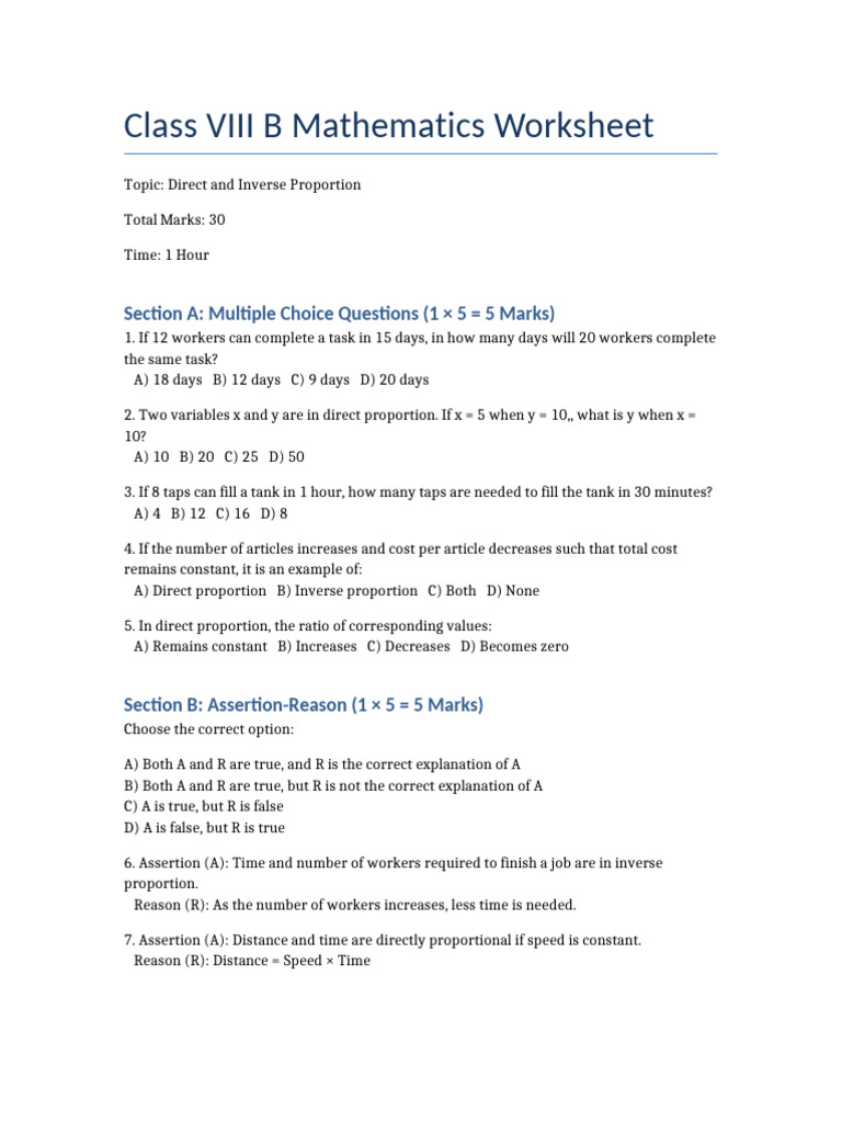 Class VIII Math Worksheet Direct Inverse Proportion | PDF | Speed ...