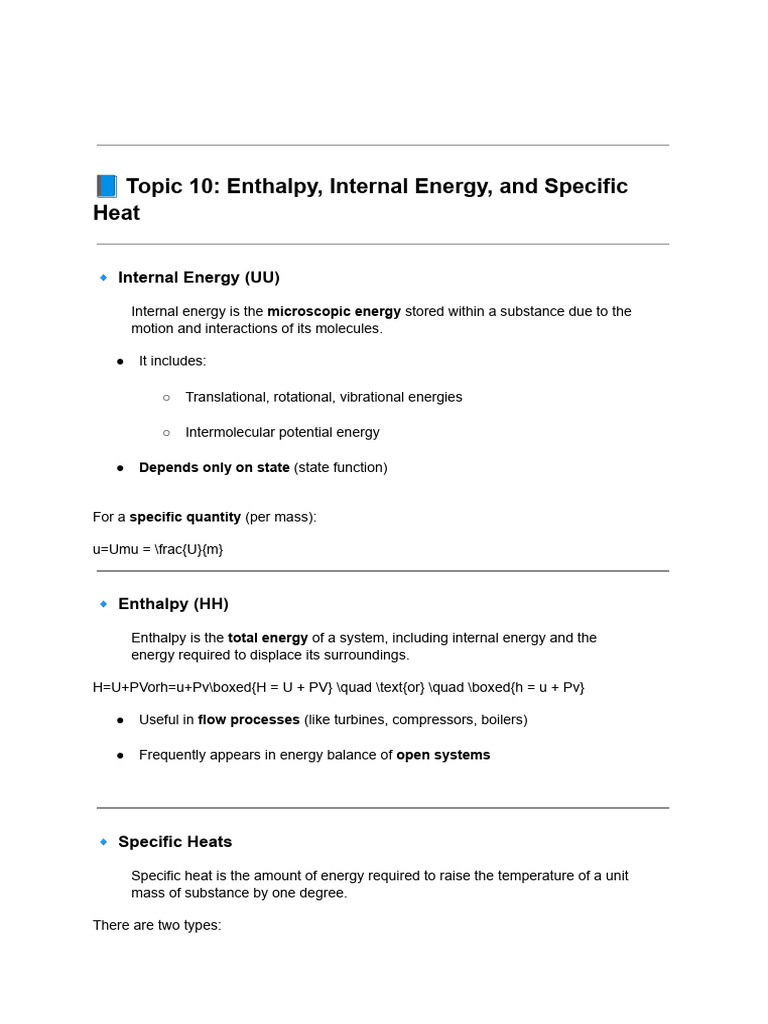 Enthalpy, Internal Energy, and Specific Heat | PDF