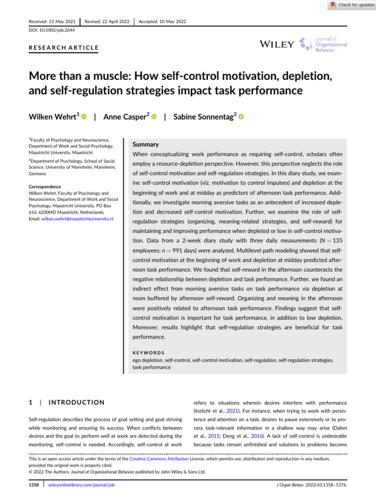 J Organ Behavior - 2022 - Wehrt - More Than A Muscle How Self Control ...