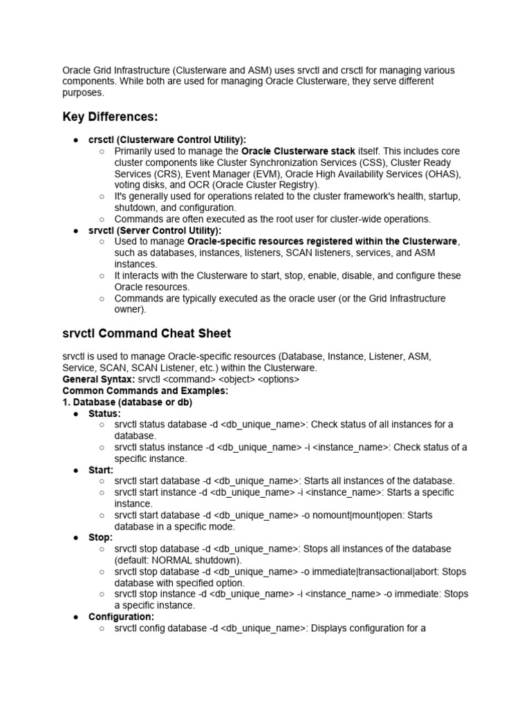 SRVCTL and CRSCTL Command Cheat Sheet | PDF | Computer Cluster | Computer Engineering
