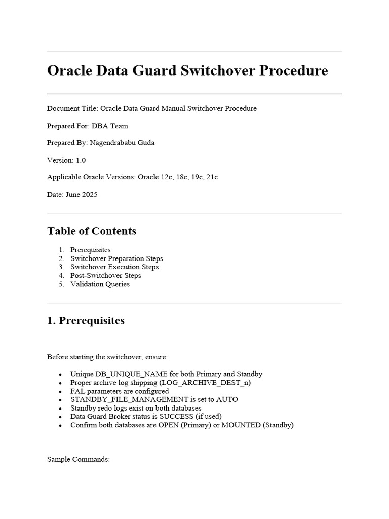 Oracle Data Guard Switchover Procedure | PDF | Data | Information Retrieval