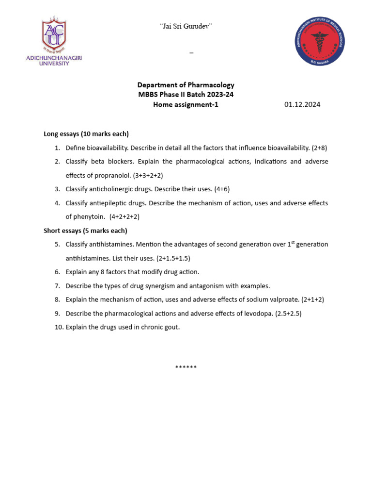 Home Assignment 1 MBBS Batch 2023-24 | PDF