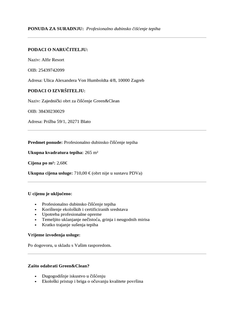 Ponuda Za Suradnju - Profesionalno Čišćenje Tepiha | PDF