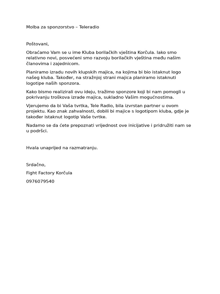 Molba Za Sponzorstvo | PDF