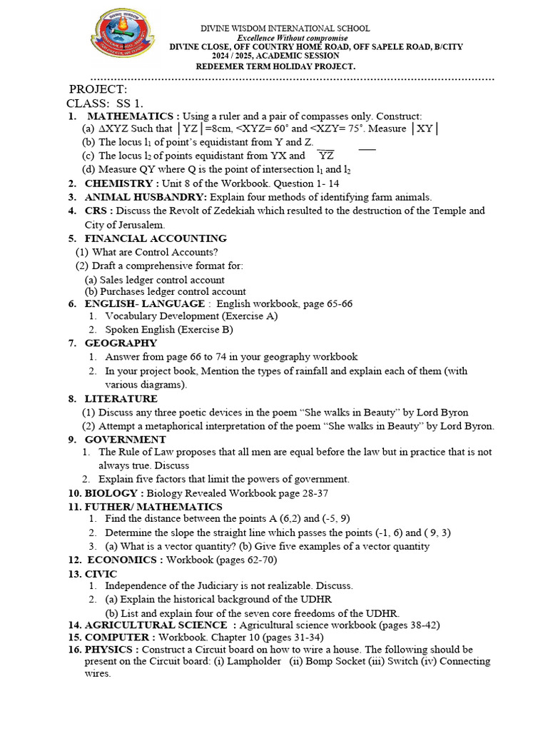 Third Term Project Secondary Ss1 | PDF