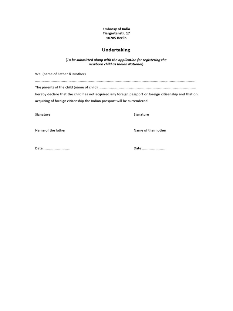 Indian National Registration Undertaking | PDF