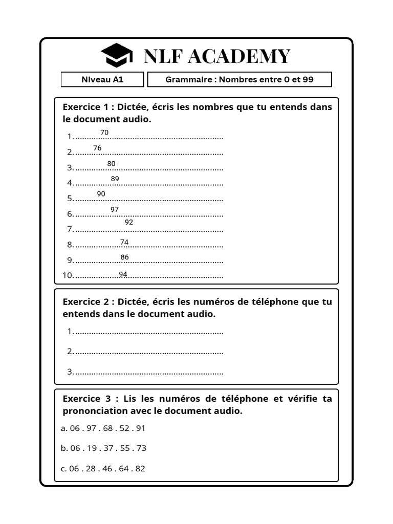 Nombres de 0 à 100 : Exercices A1 | PDF
