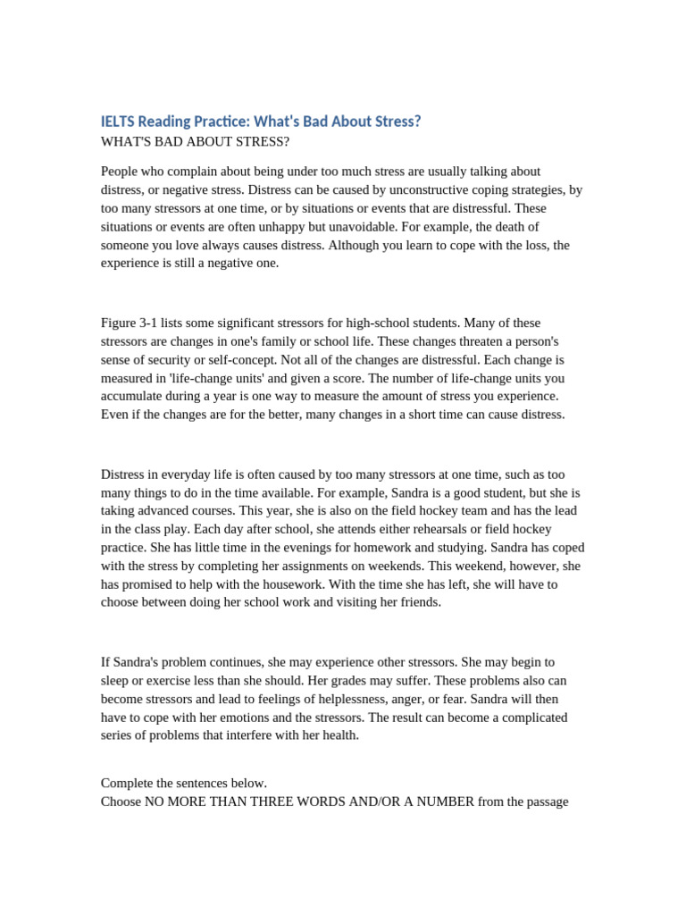 IELTS Reading Stress Gap Fill Bad About Stress | PDF | Stress (Biology ...